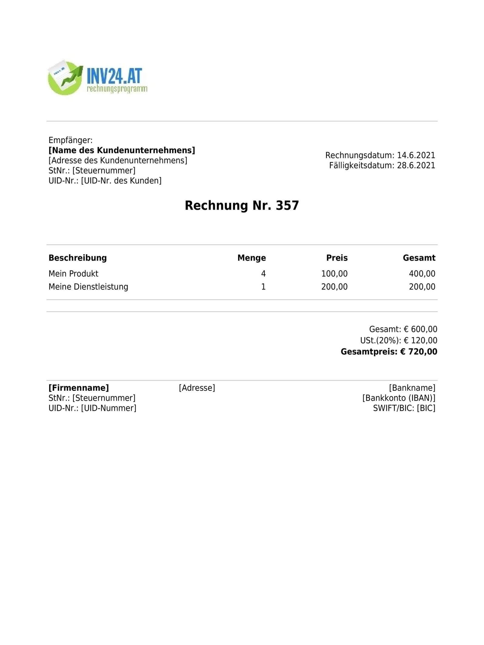 Kostenloser Rechnungsgenerator für Österreich (PDF): Rechnung Schreiben ...