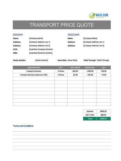 Transport Quote Template for Australia (Excel / Google Sheets)