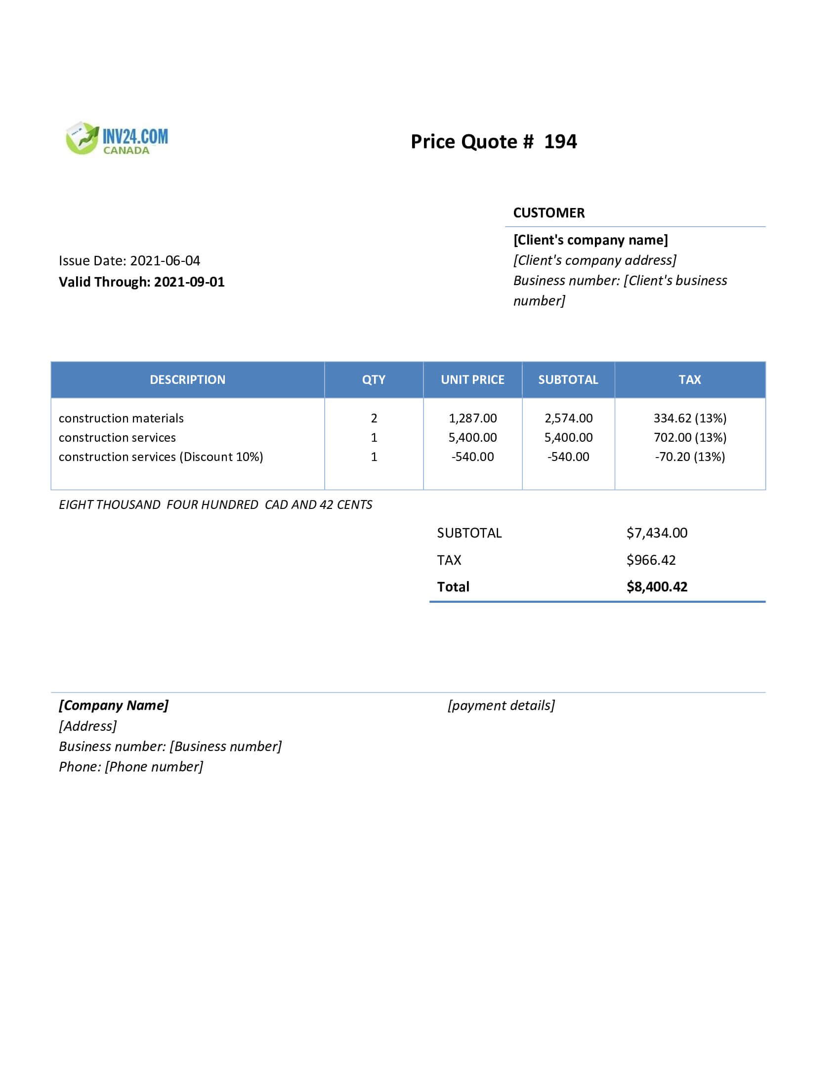 Quotation Format For Civil Contrator