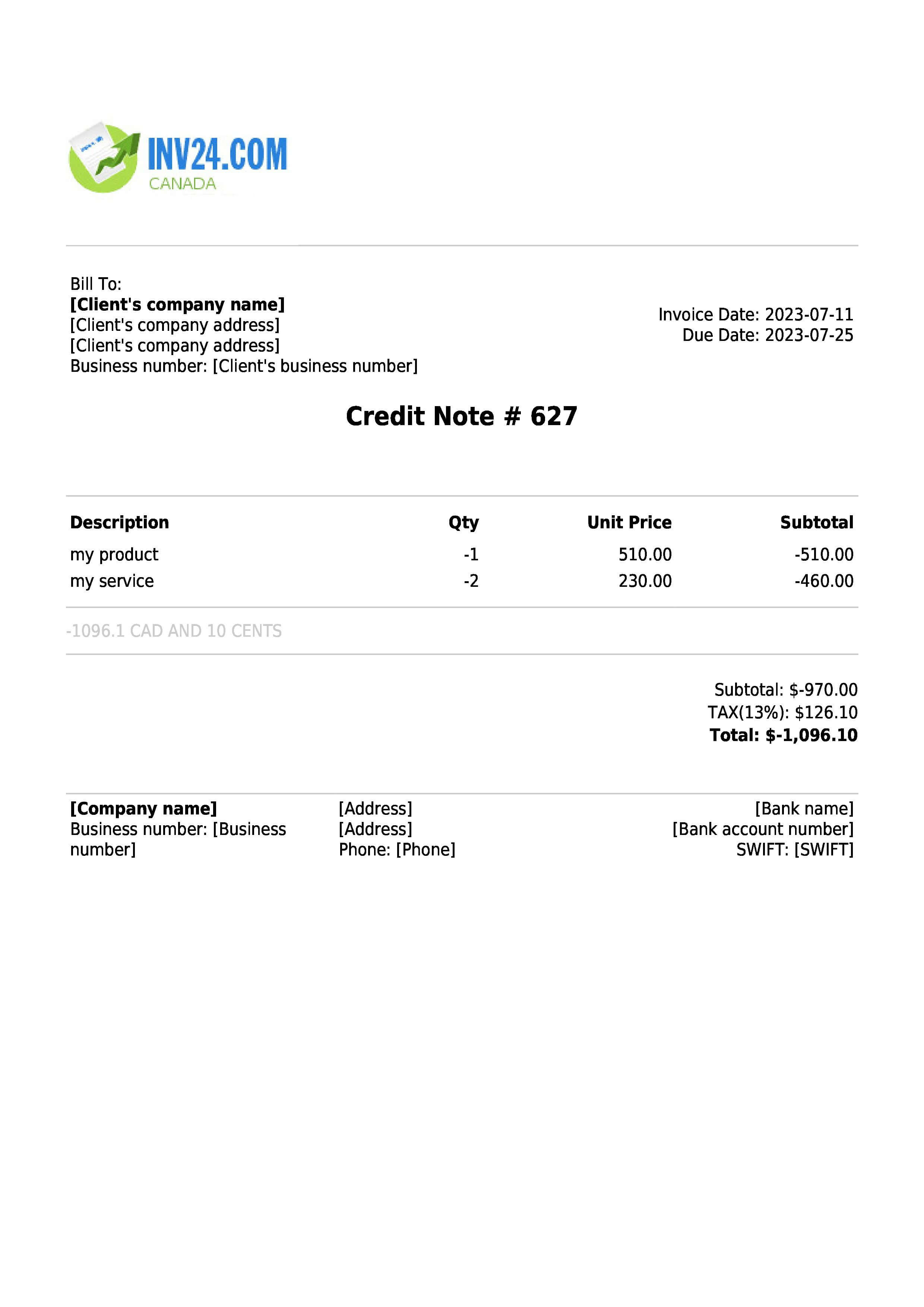 Free Credit Note Maker for Canada (PDF)
