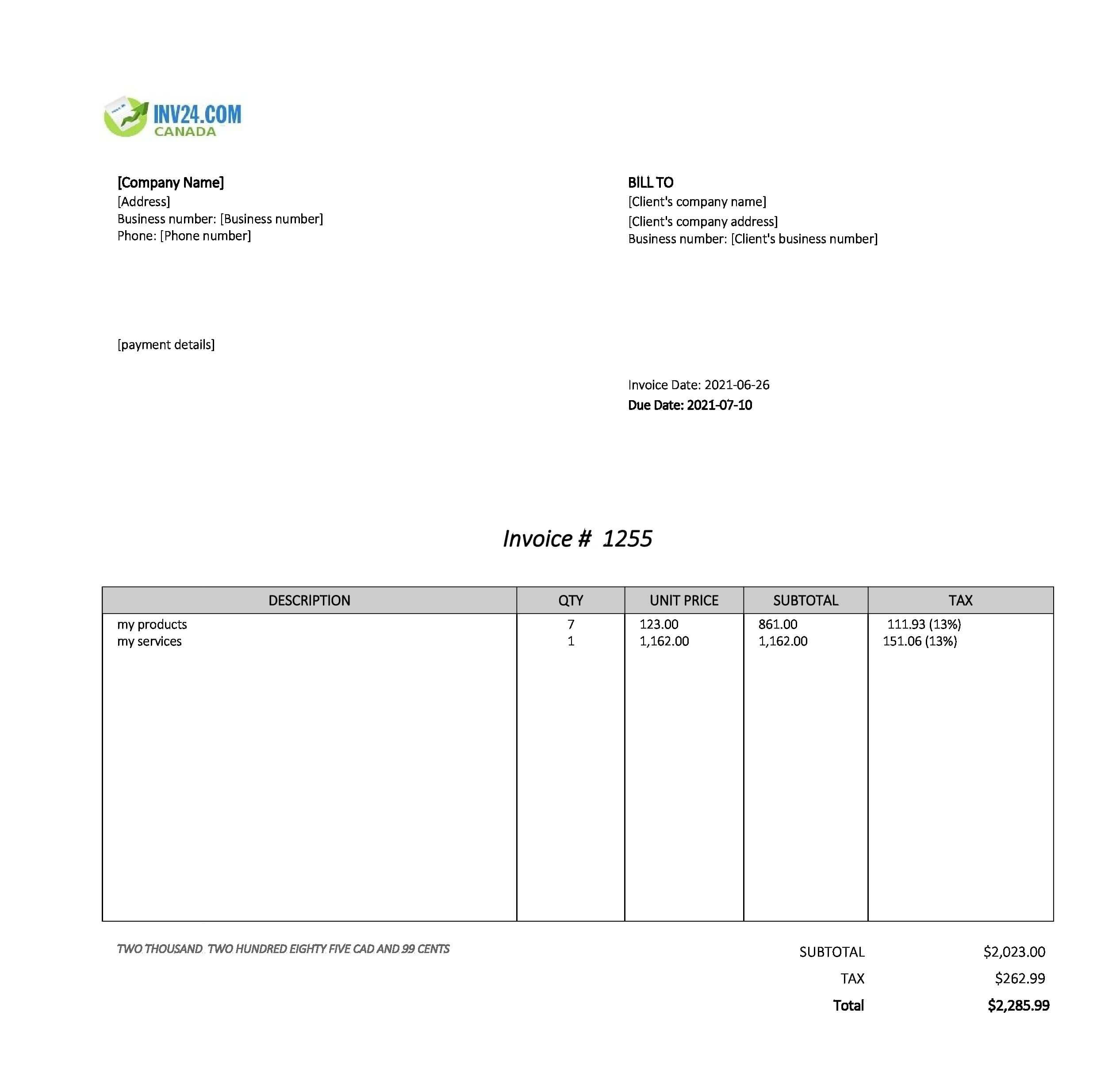 Free Invoice Maker for Canada (Excel / Google Sheets)