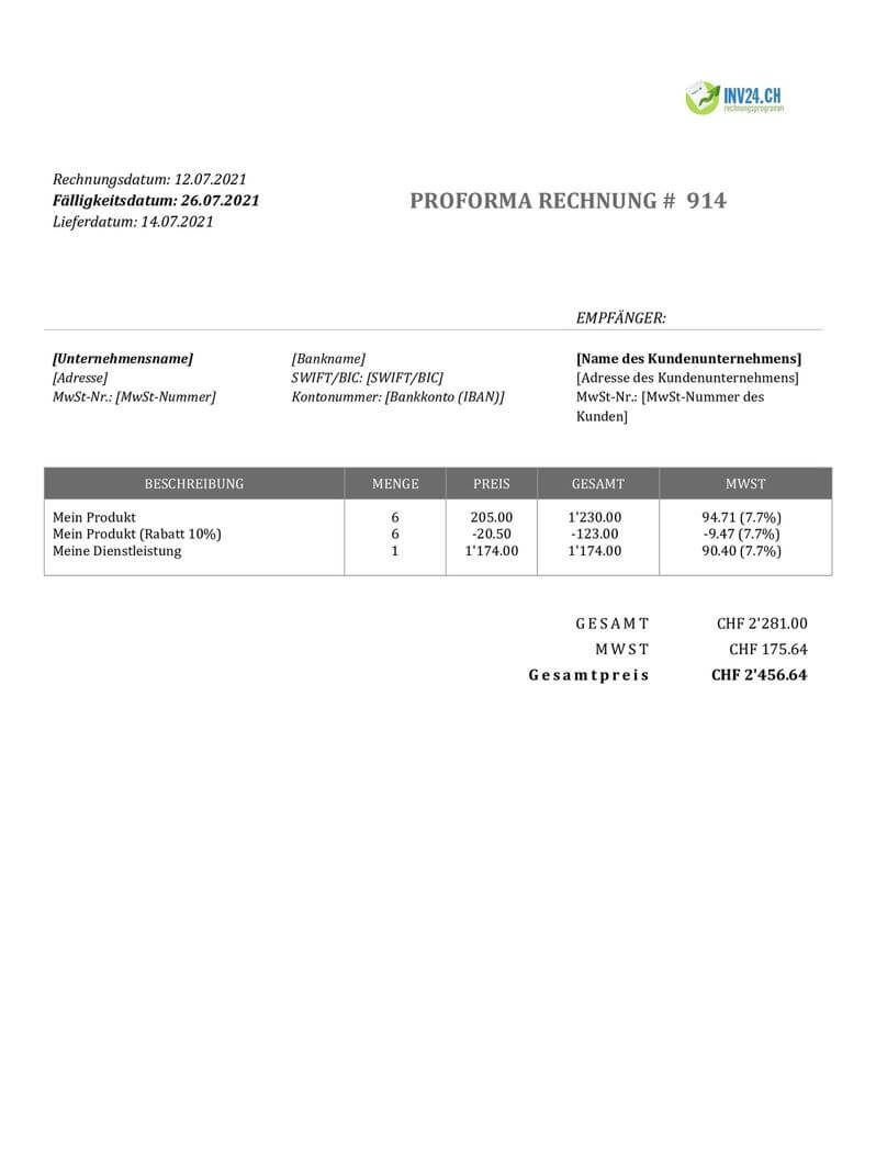 Proforma Rechnung für Schweiz - Definition, Muster und Erstellung