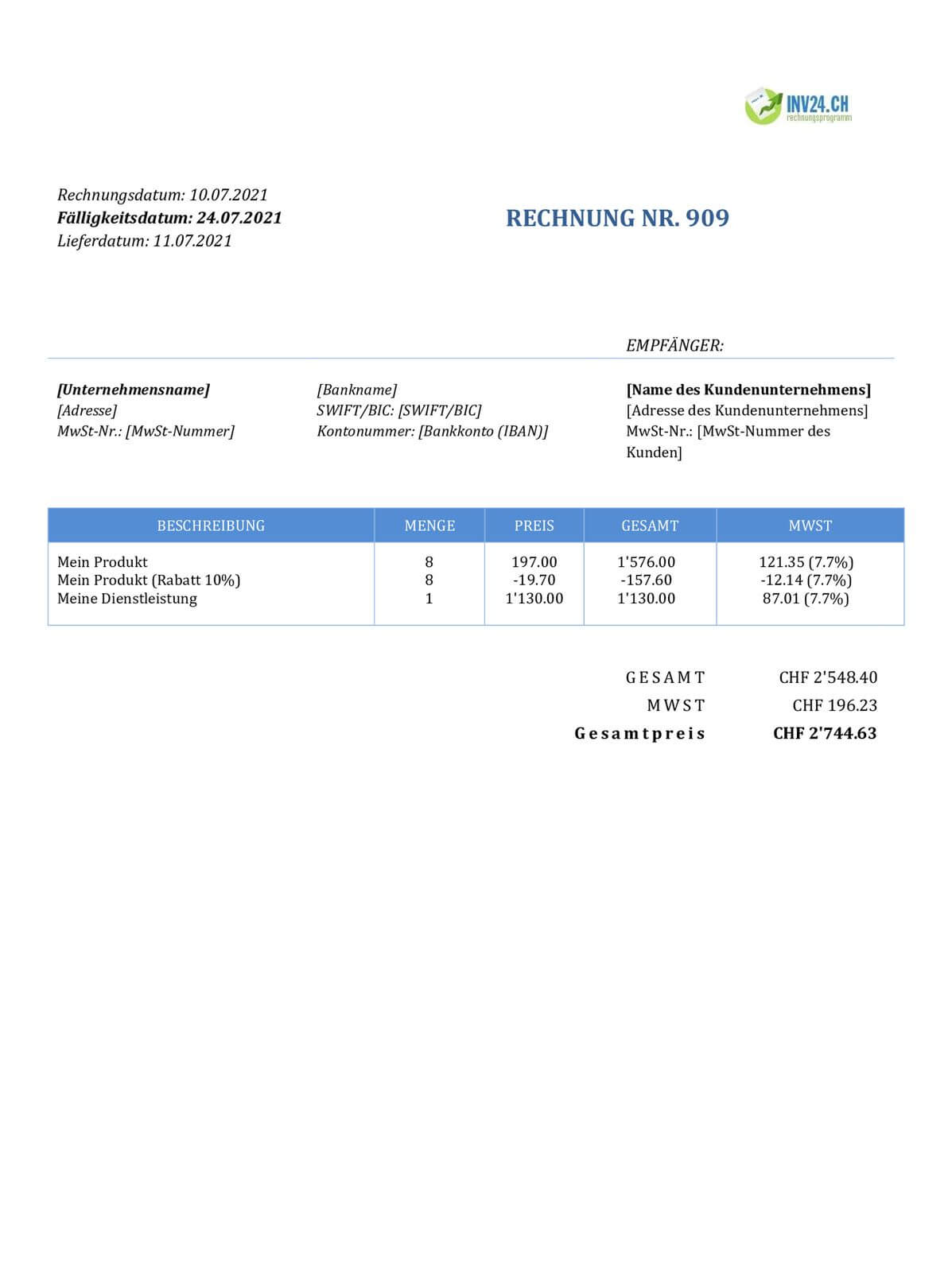 Kostenloser Rechnungsgenerator für Schweiz (Word / Google Docs)