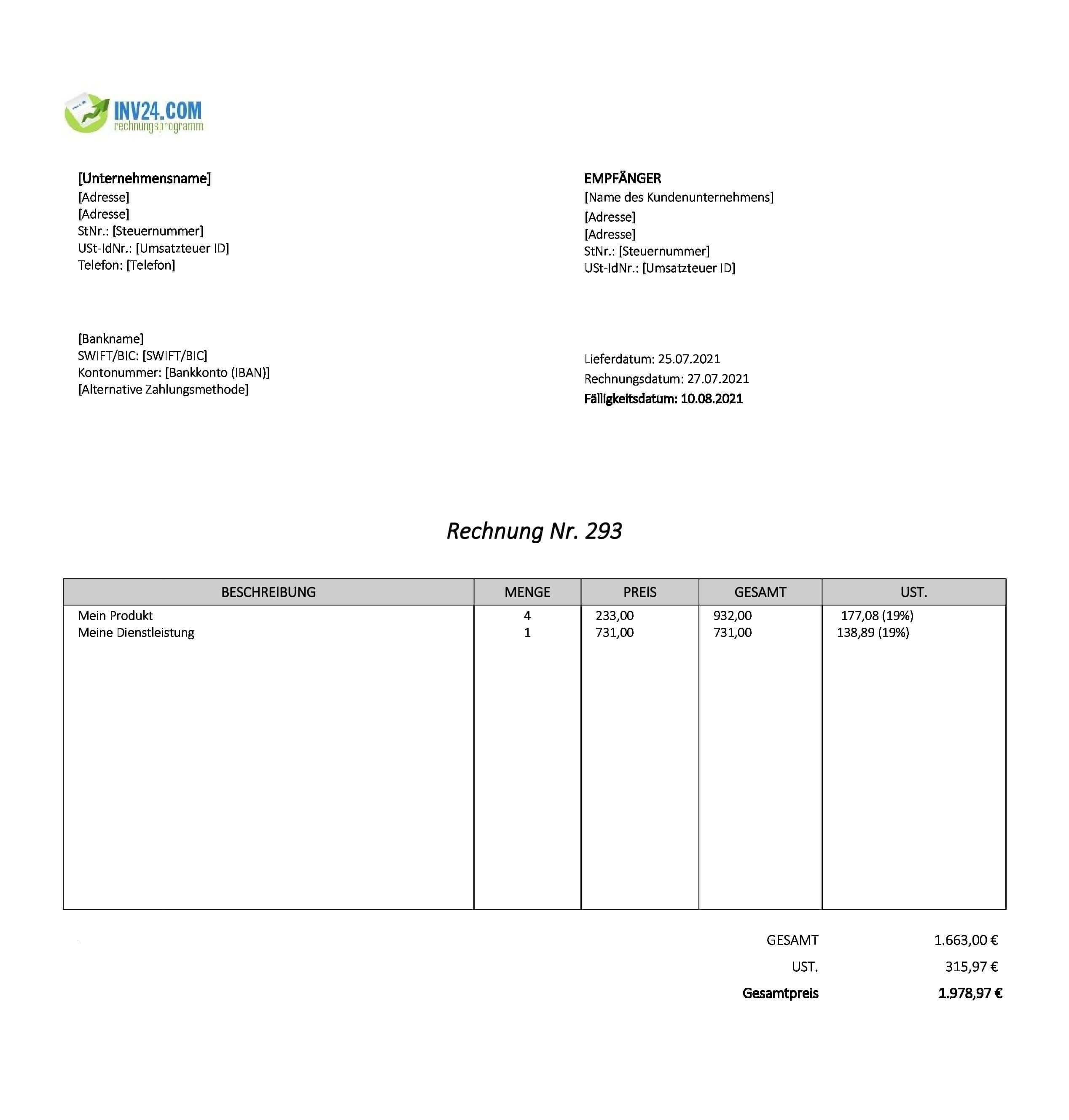 Kostenloser Rechnungsgenerator (Excel / Google Sheets)