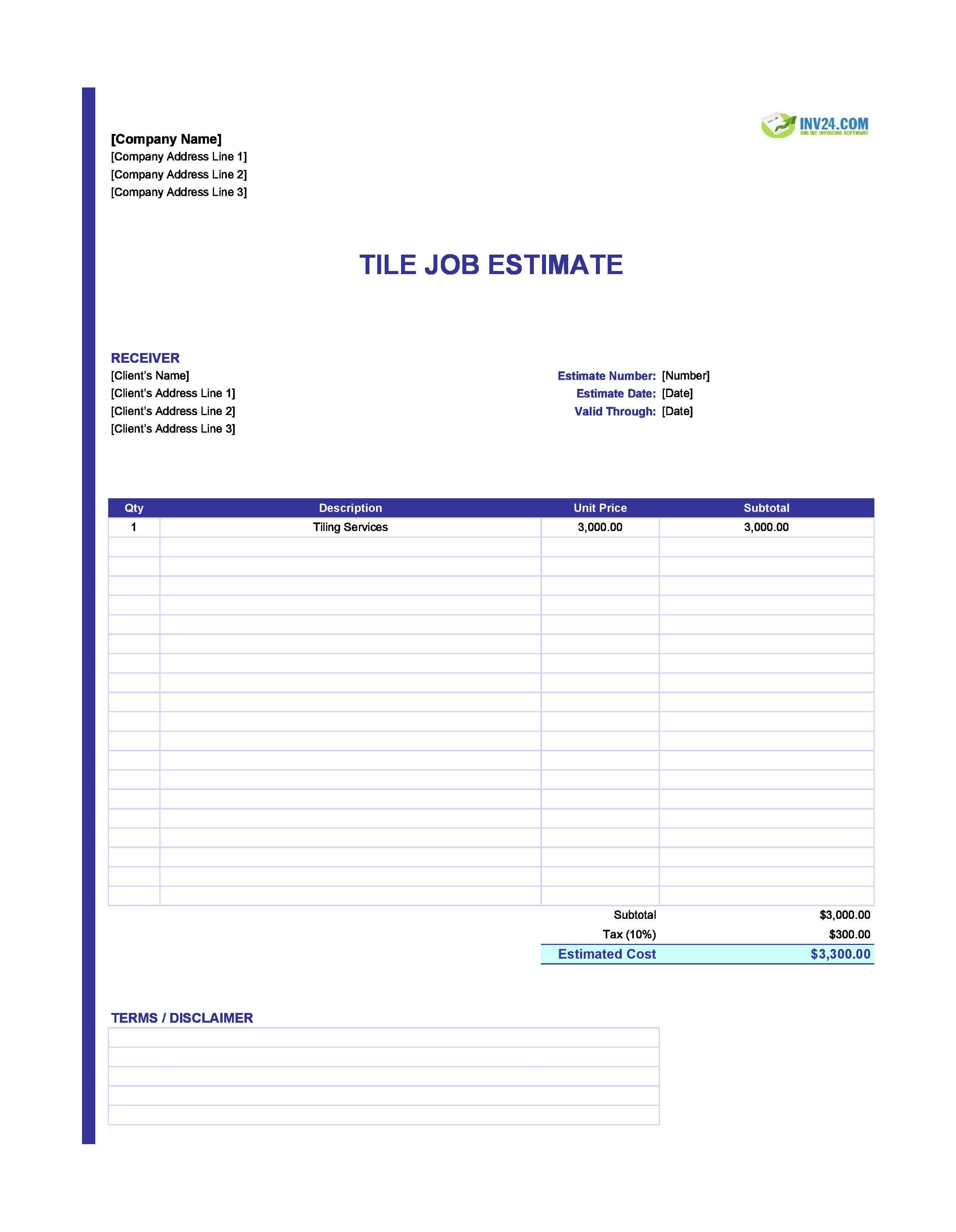 Sample Job Estimate Template