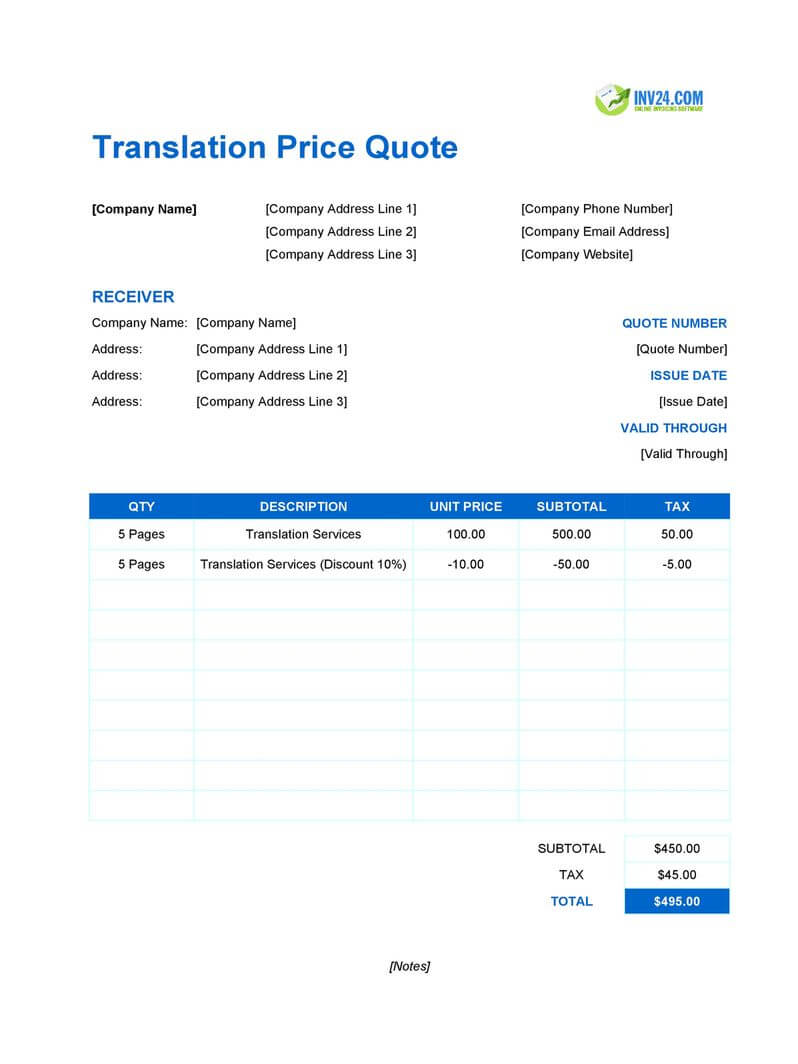 Translation Quote Template (Excel / Google Sheets)
