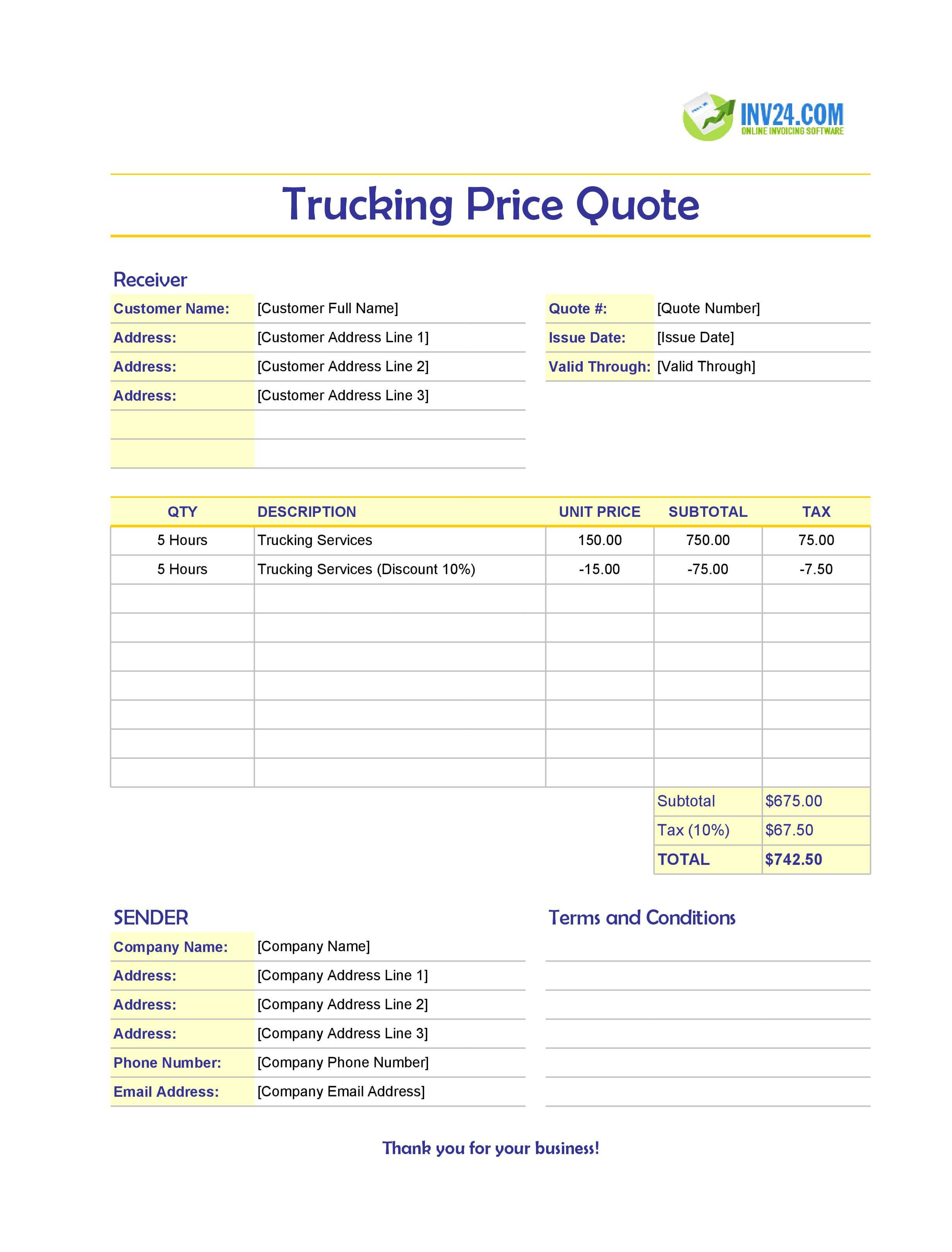Transport Quotation Format In Excel Modern Car Rental Invoice Template