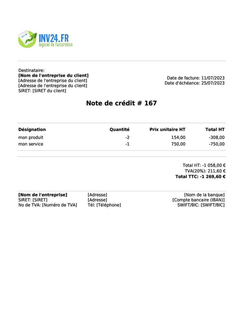 Faire une note de crédit en ligne gratuitement (PDF)