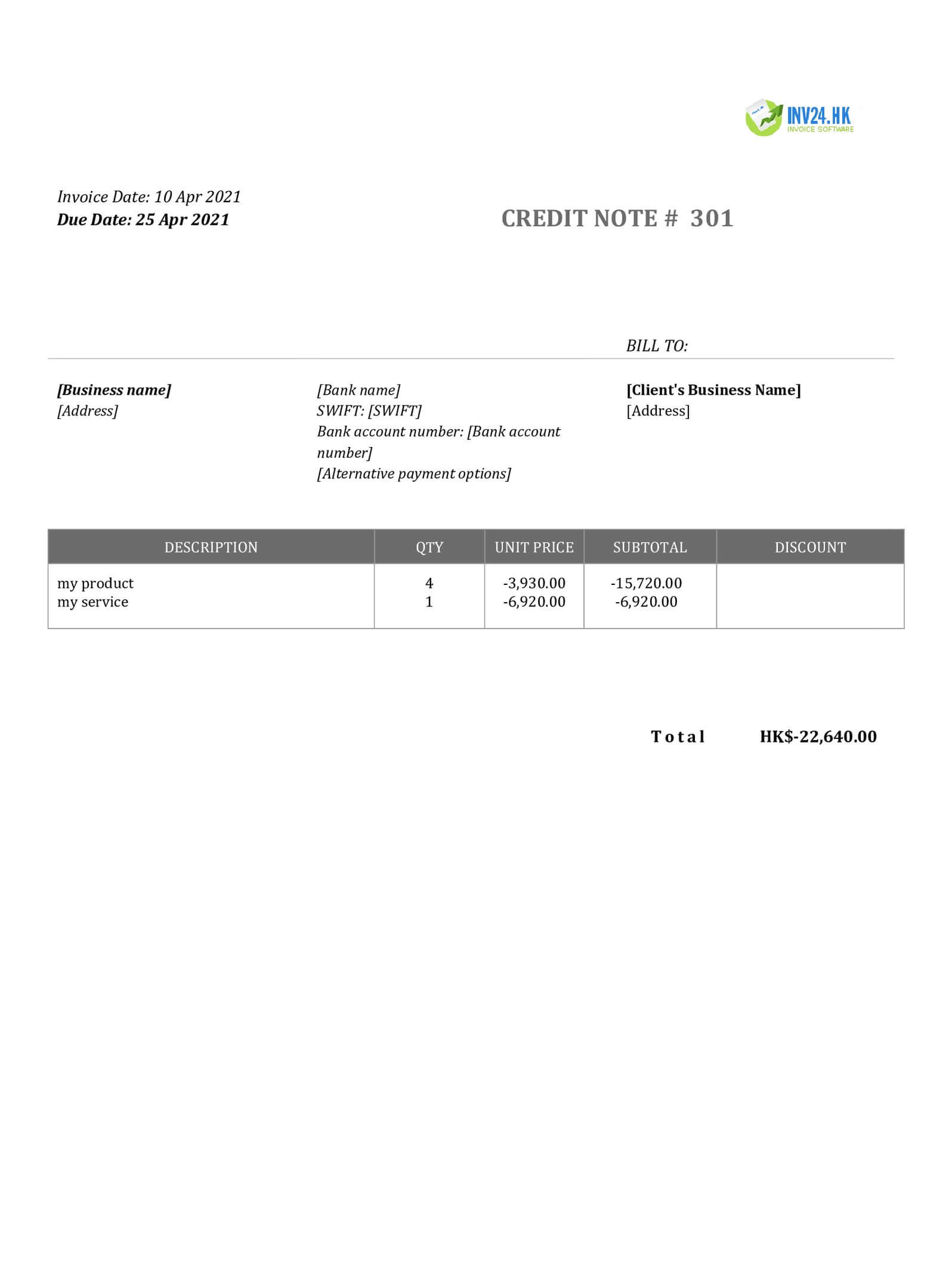 Free Credit Note Maker for Hong Kong (PDF)