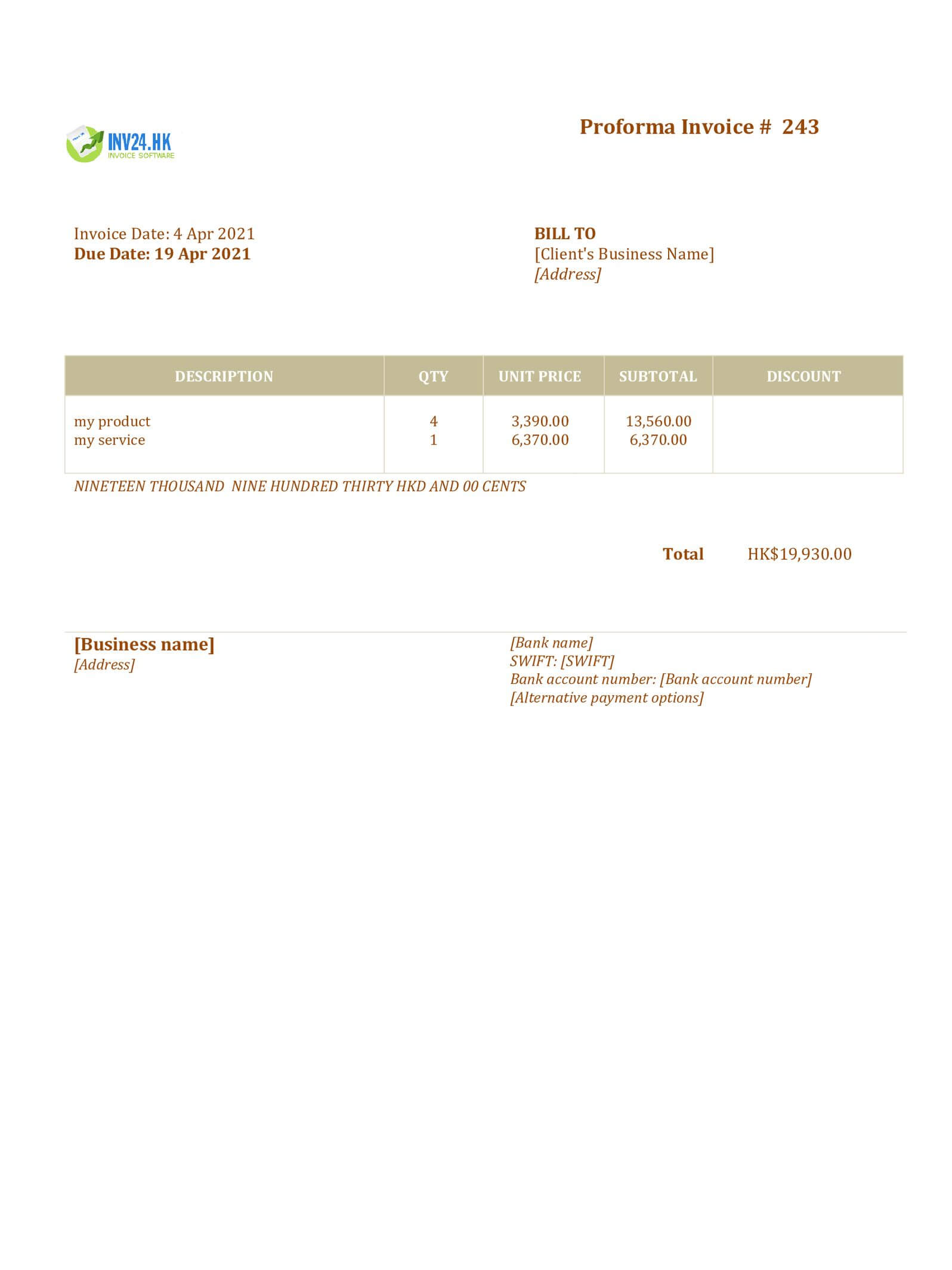 Free Proforma Invoice Maker for Hong Kong (PDF)