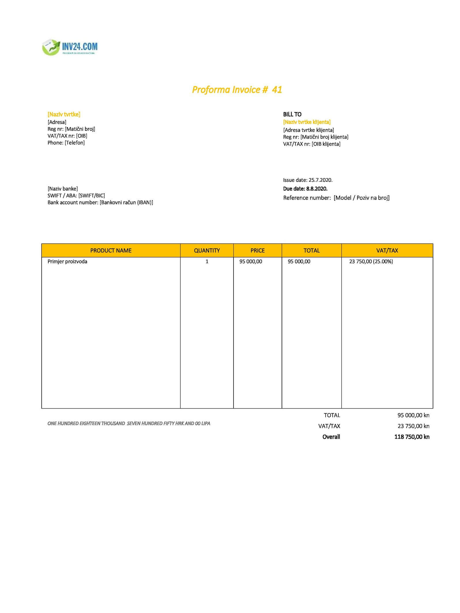 Predračun Engleski Primjer (Excel)