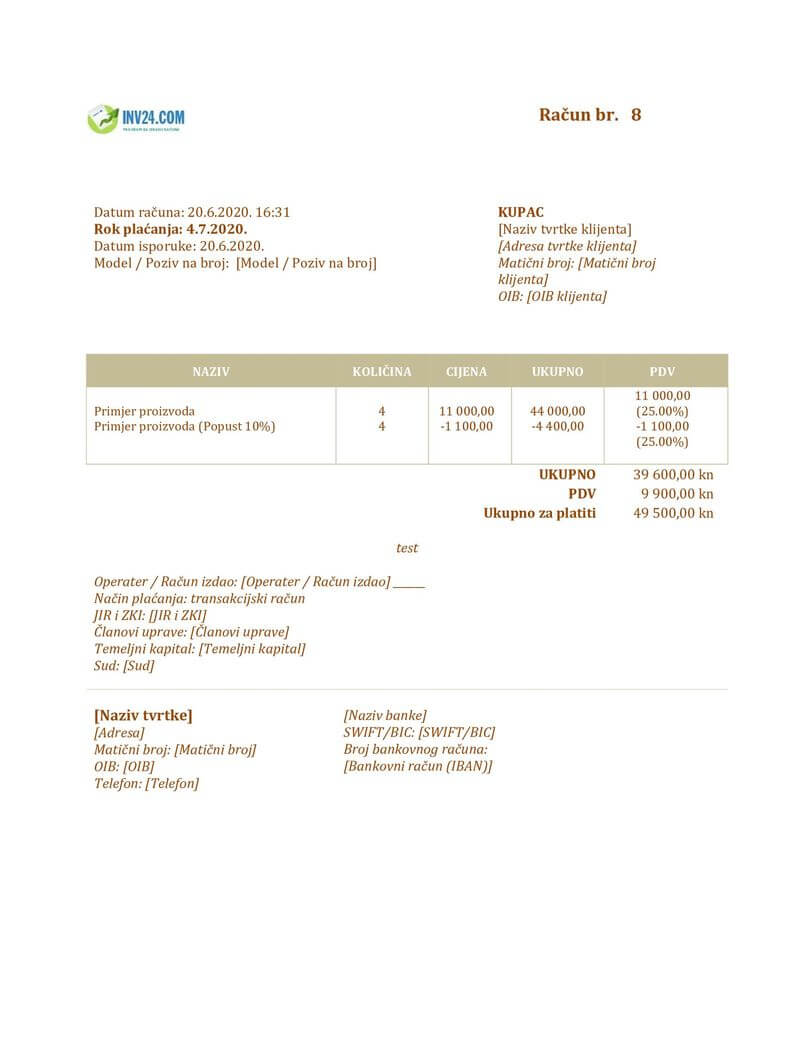 Primjer Računa (Fakture) U Wordu (Word)