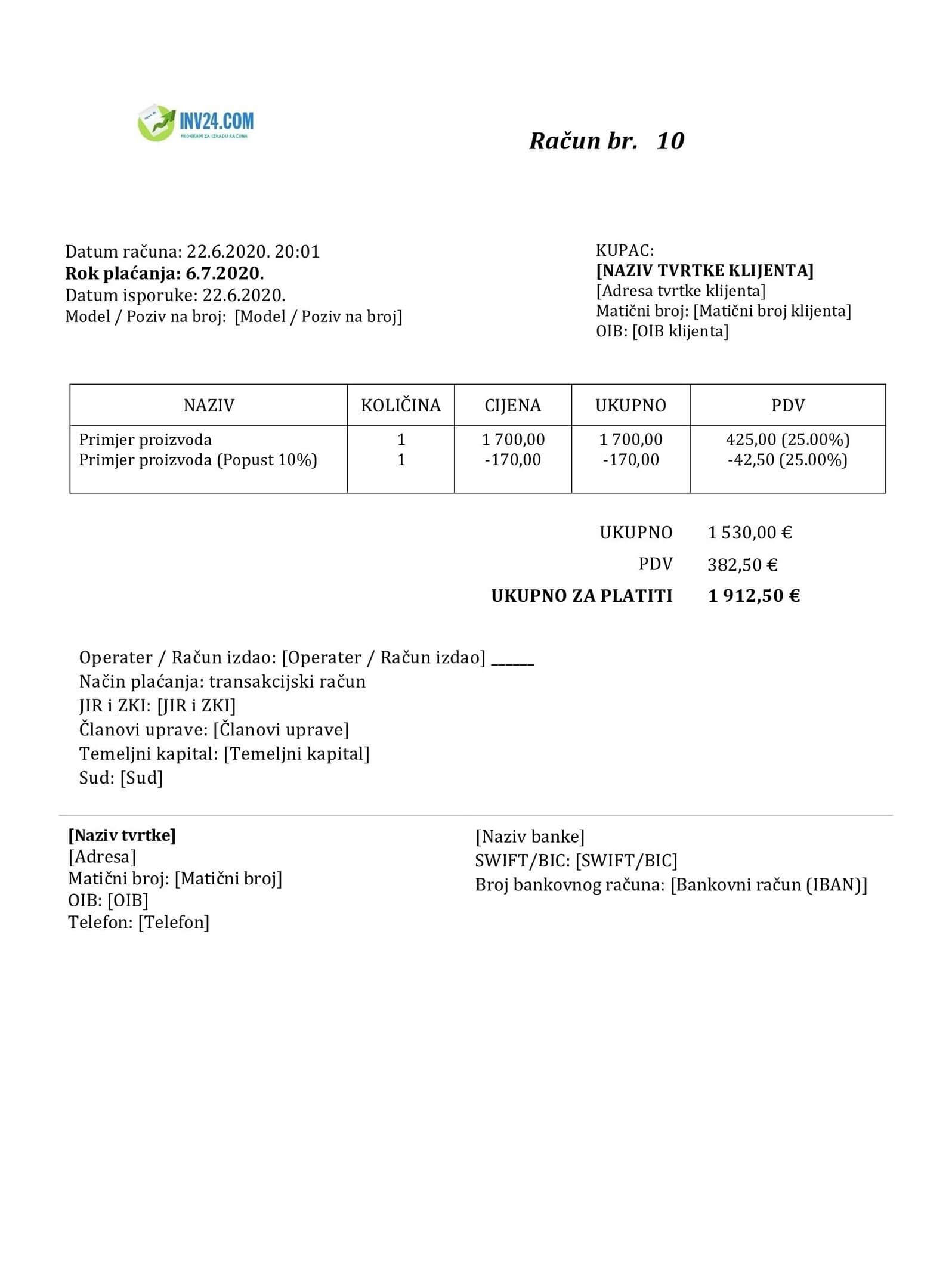 Izdavanje Računa U Eurima Primjer (Word)