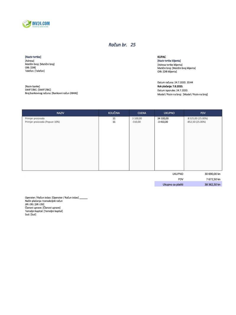 Primjer Računa (Fakture) U Excelu (Excel)