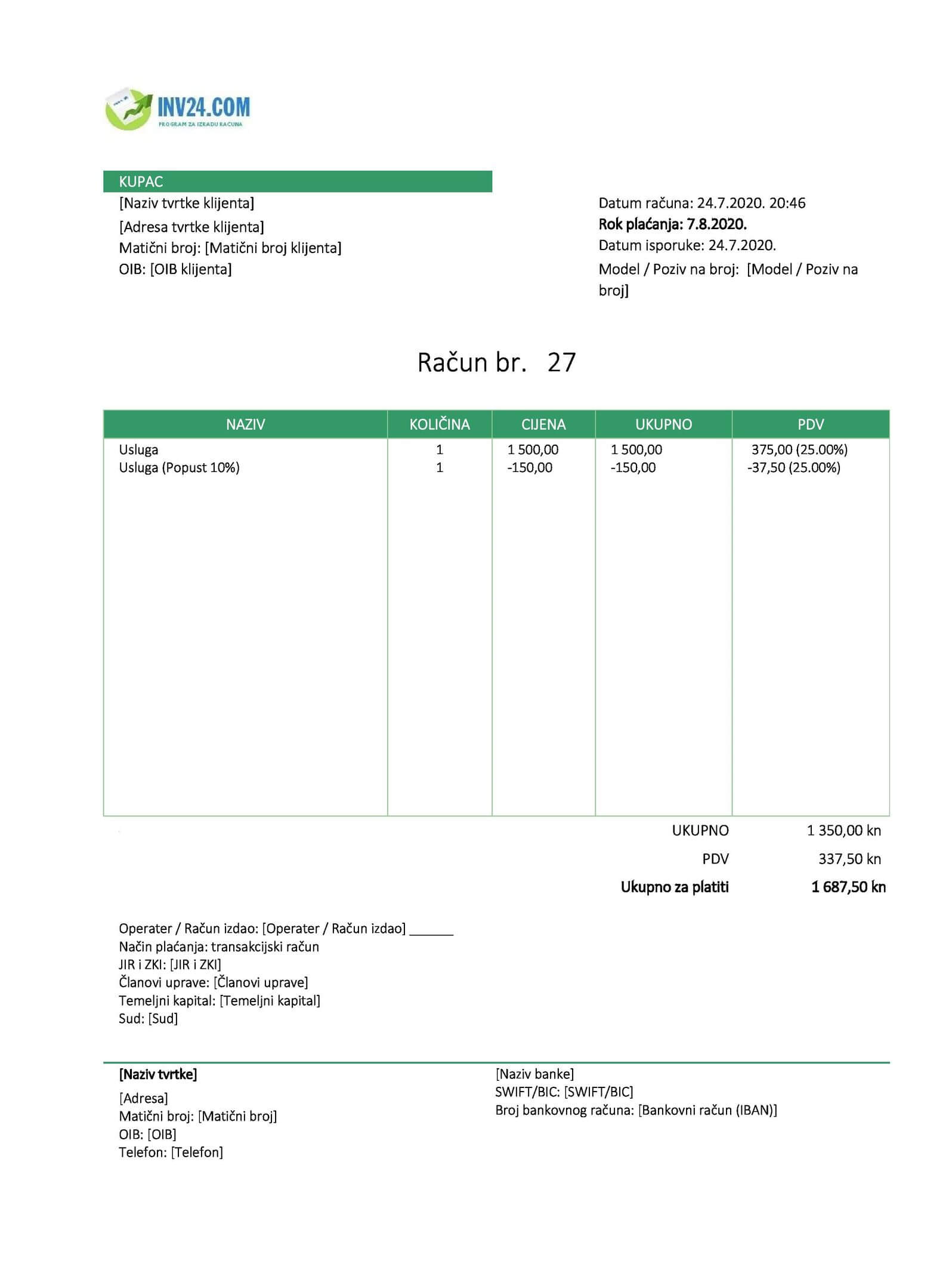 Primjer Fakture (Računa) Za Usluge (Excel)