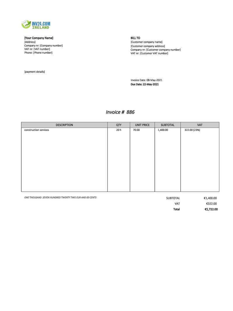 Free Invoice Maker for Ireland (Excel / Google Sheets)