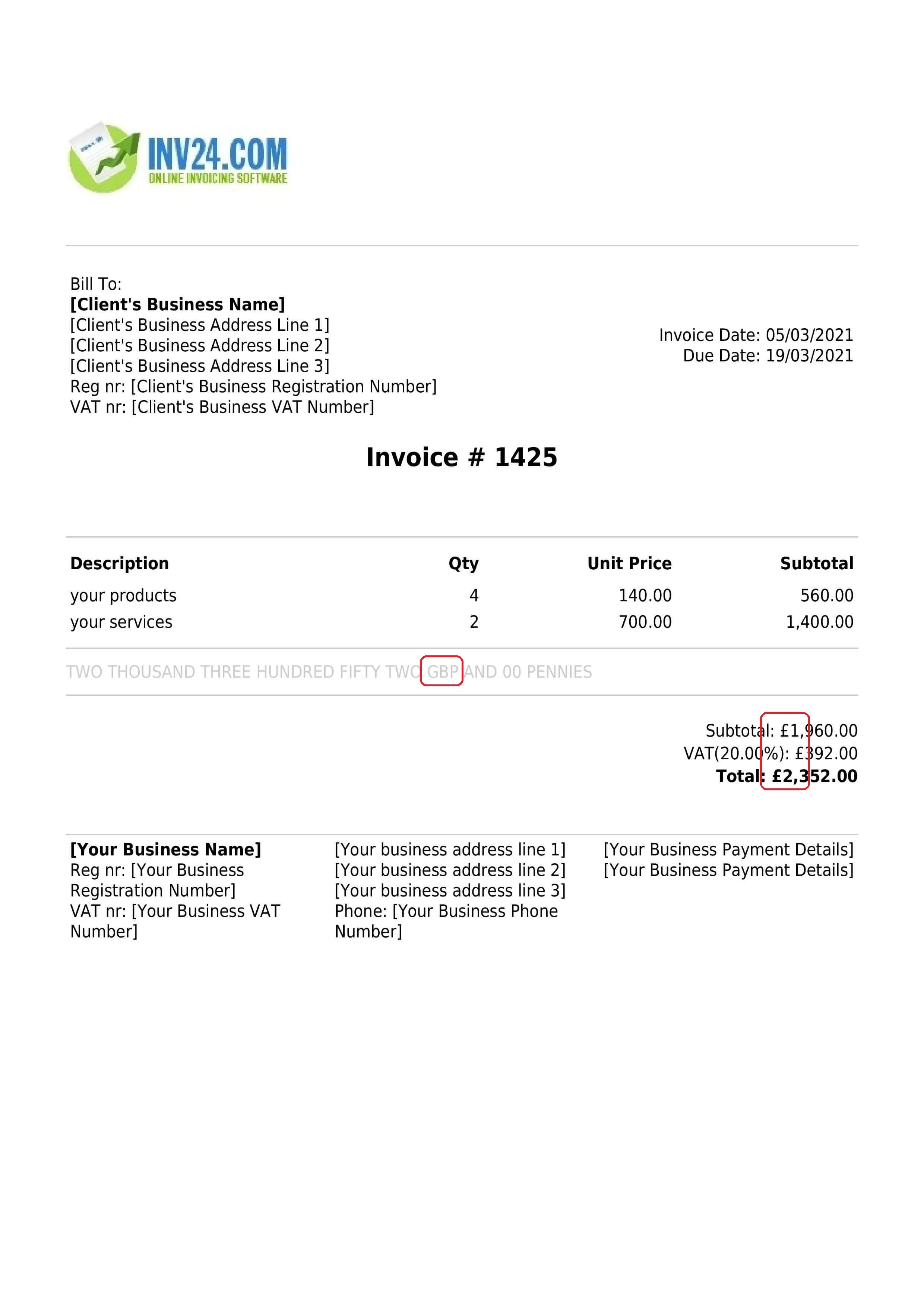 Currency on the Invoice in UK
