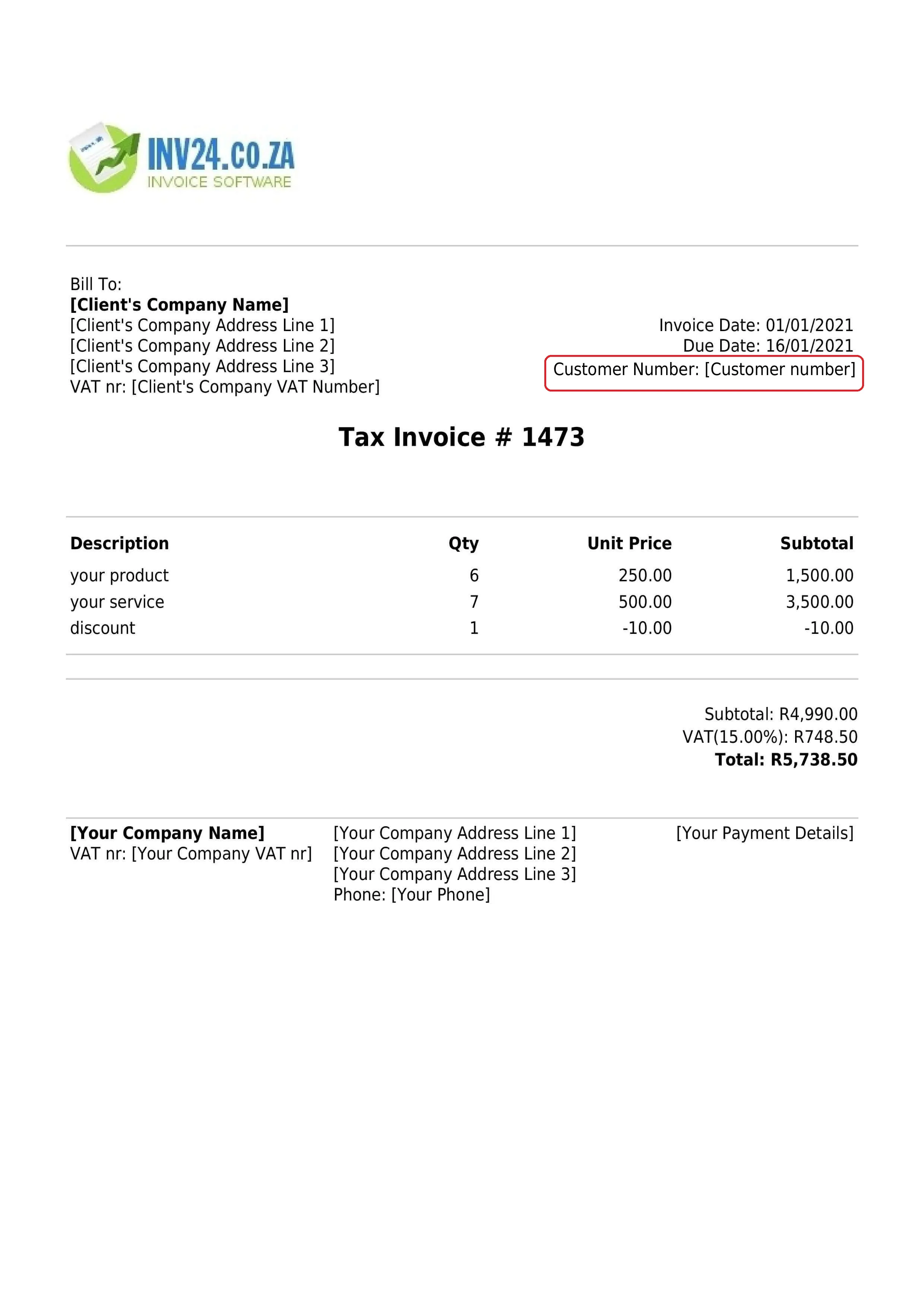 Customer Number on the Invoice in South Africa