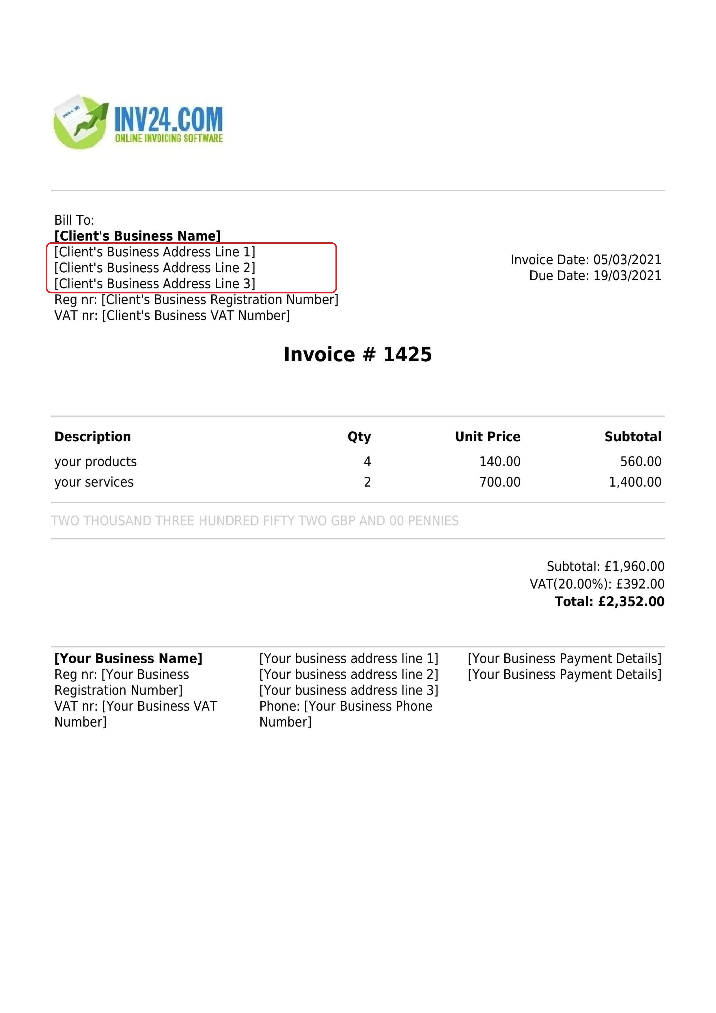 Billing Address on the Invoice in UK