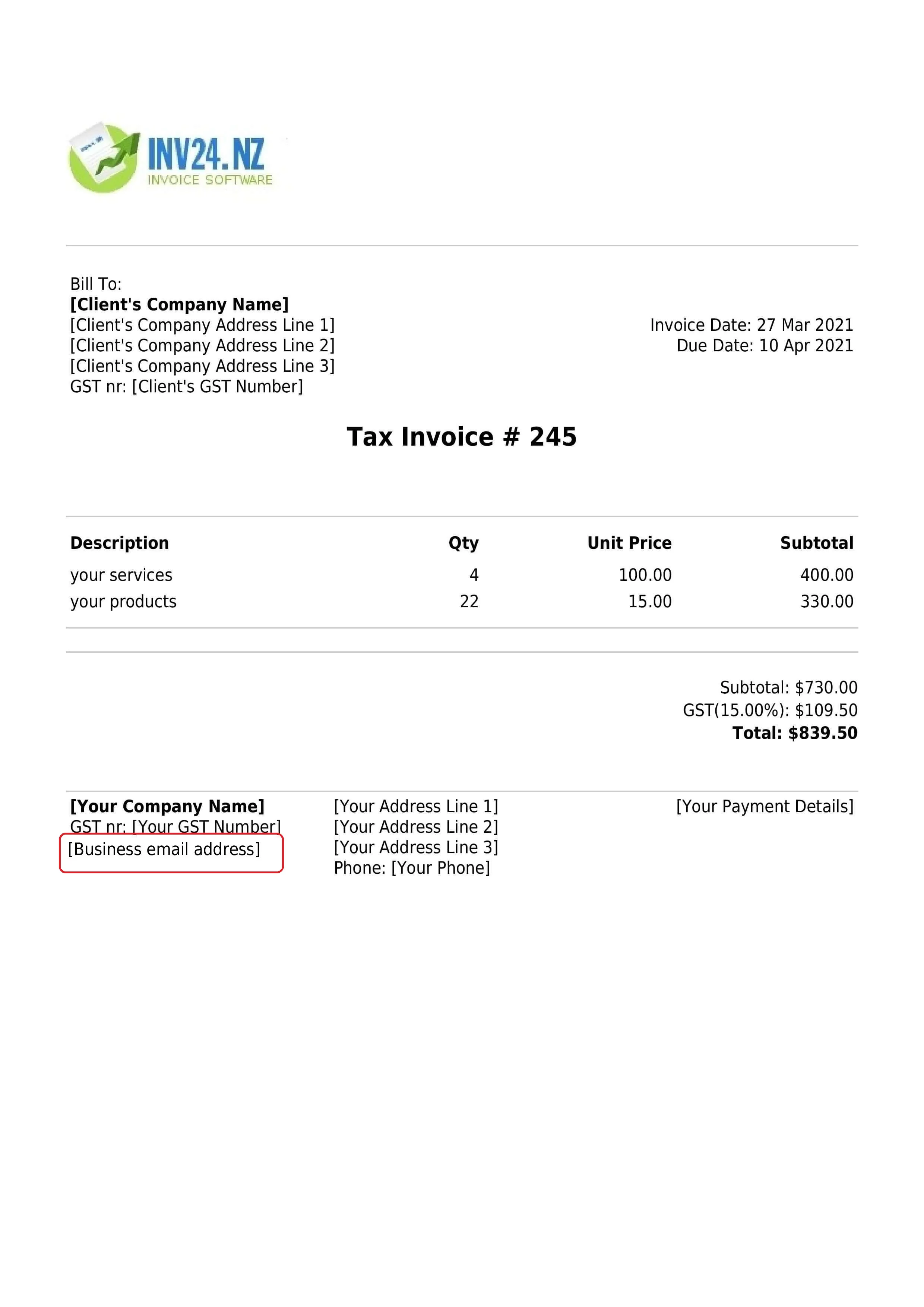 Business Email Address on the Invoice in New Zealand