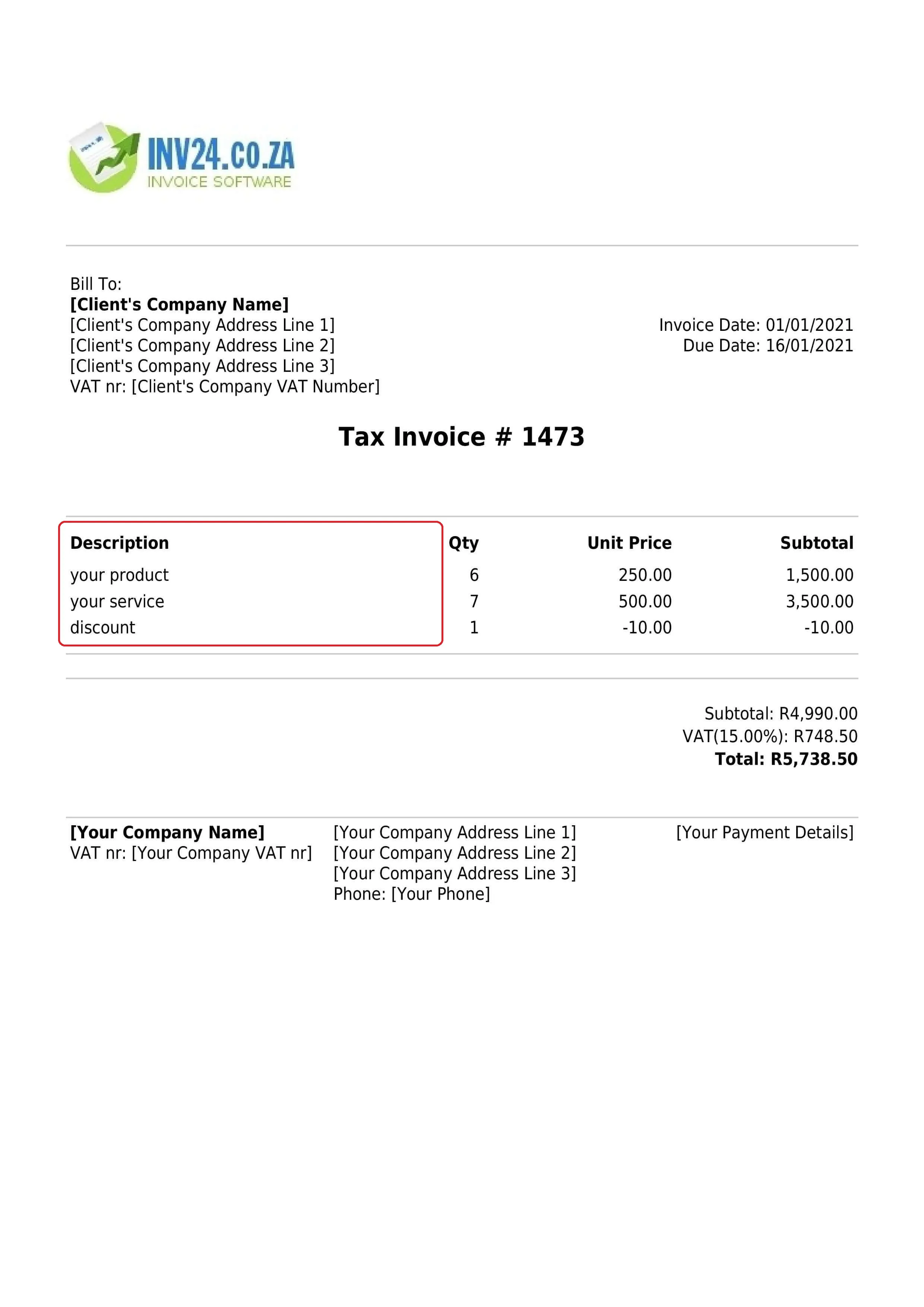 Invoice Item Description in South Africa