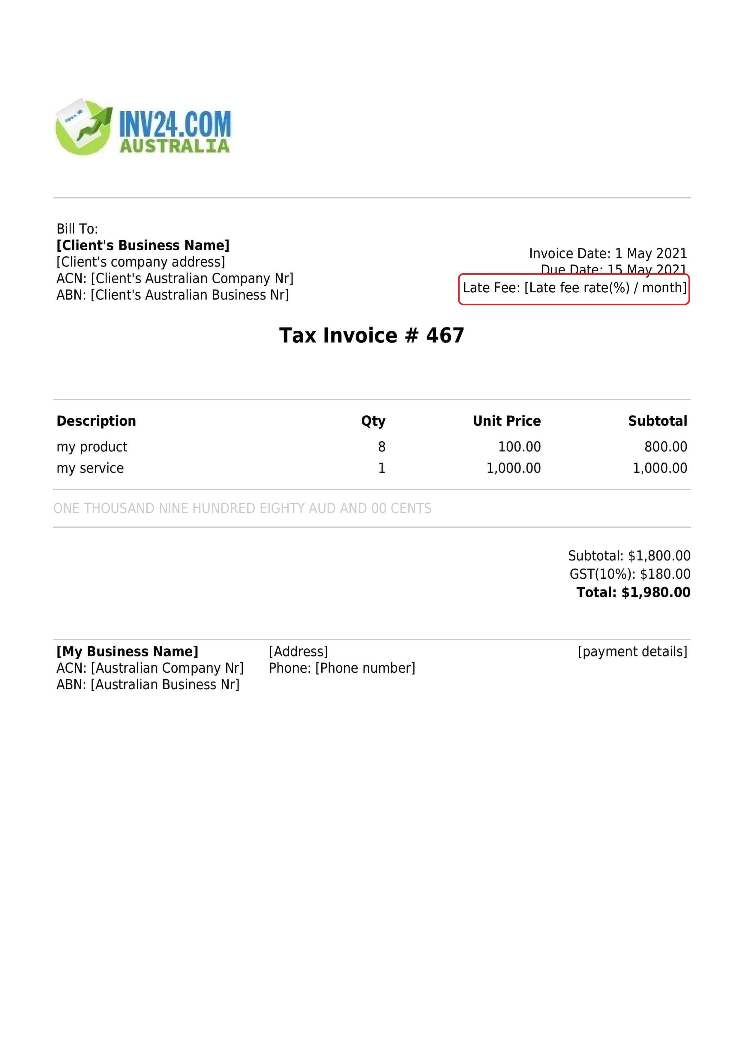 Late Fee on the Invoice in Australia