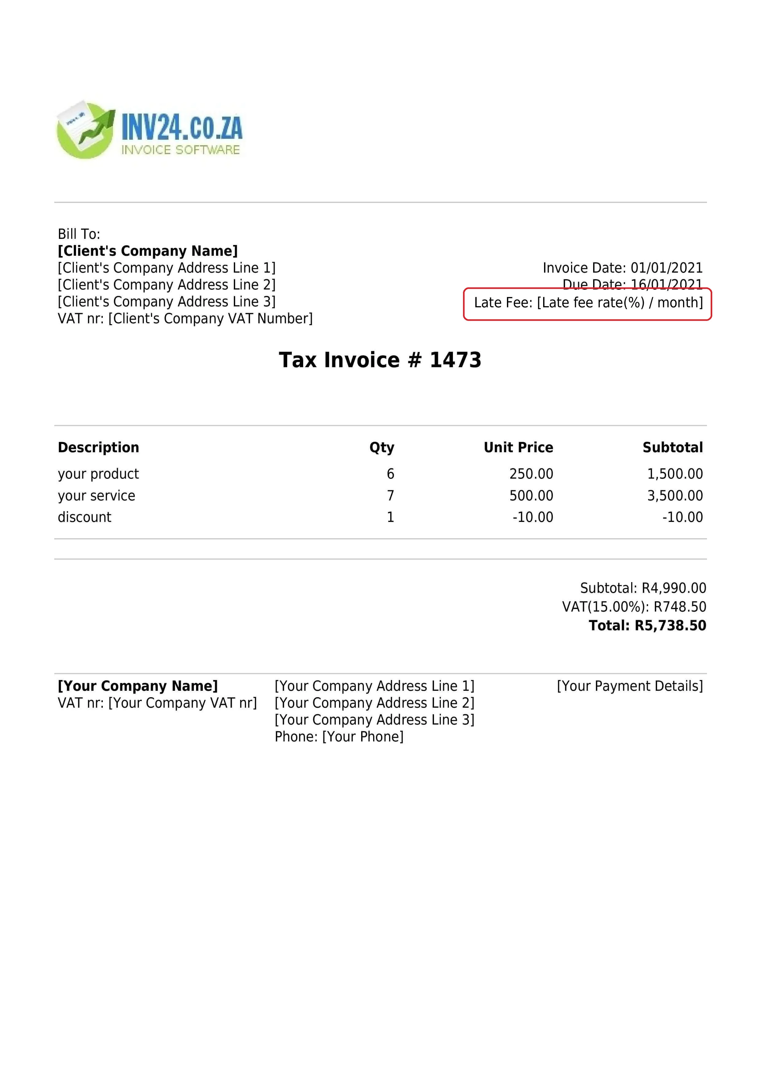 Late Fee on the Invoice in South Africa