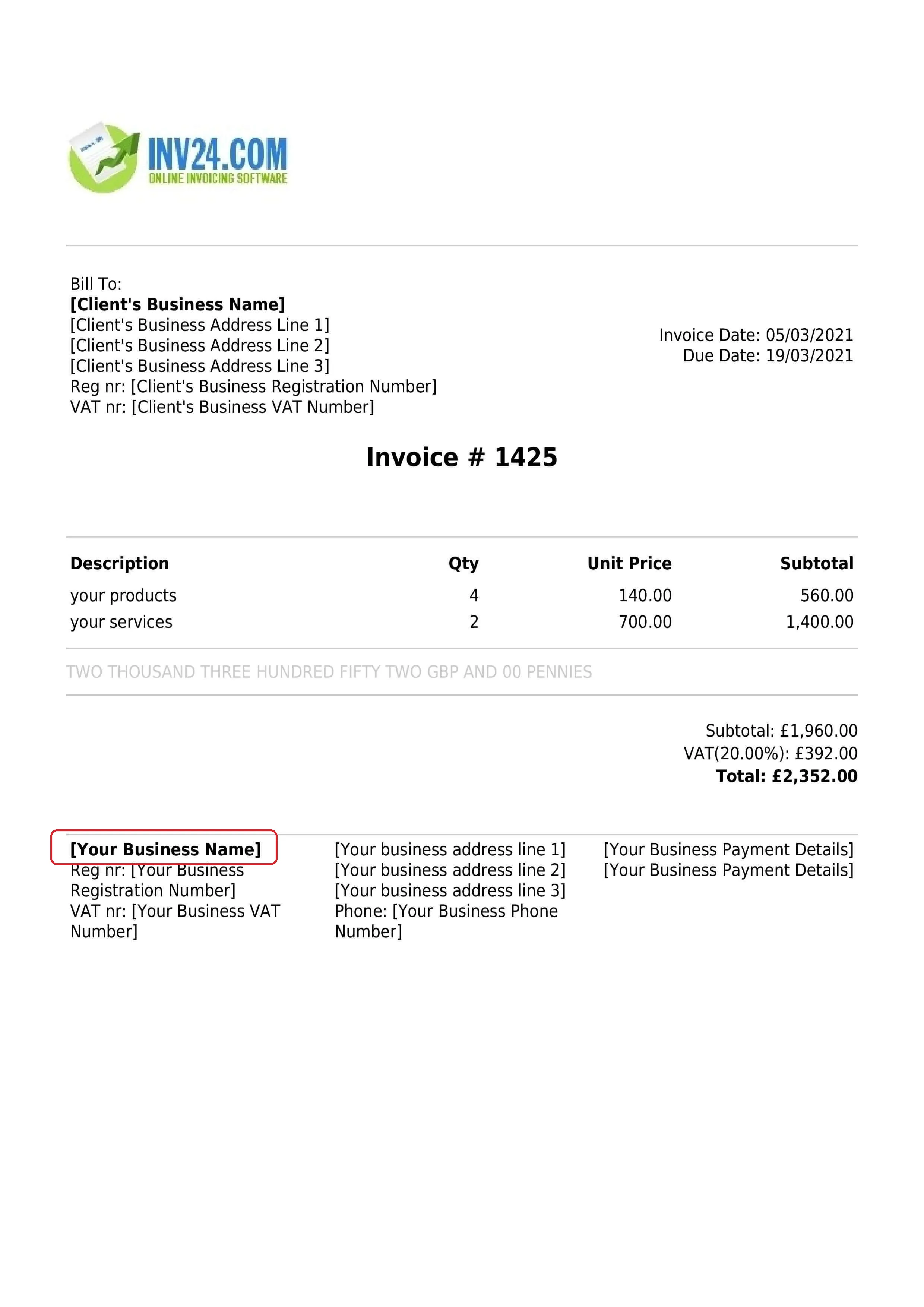 Seller Business Name on the Invoice in UK