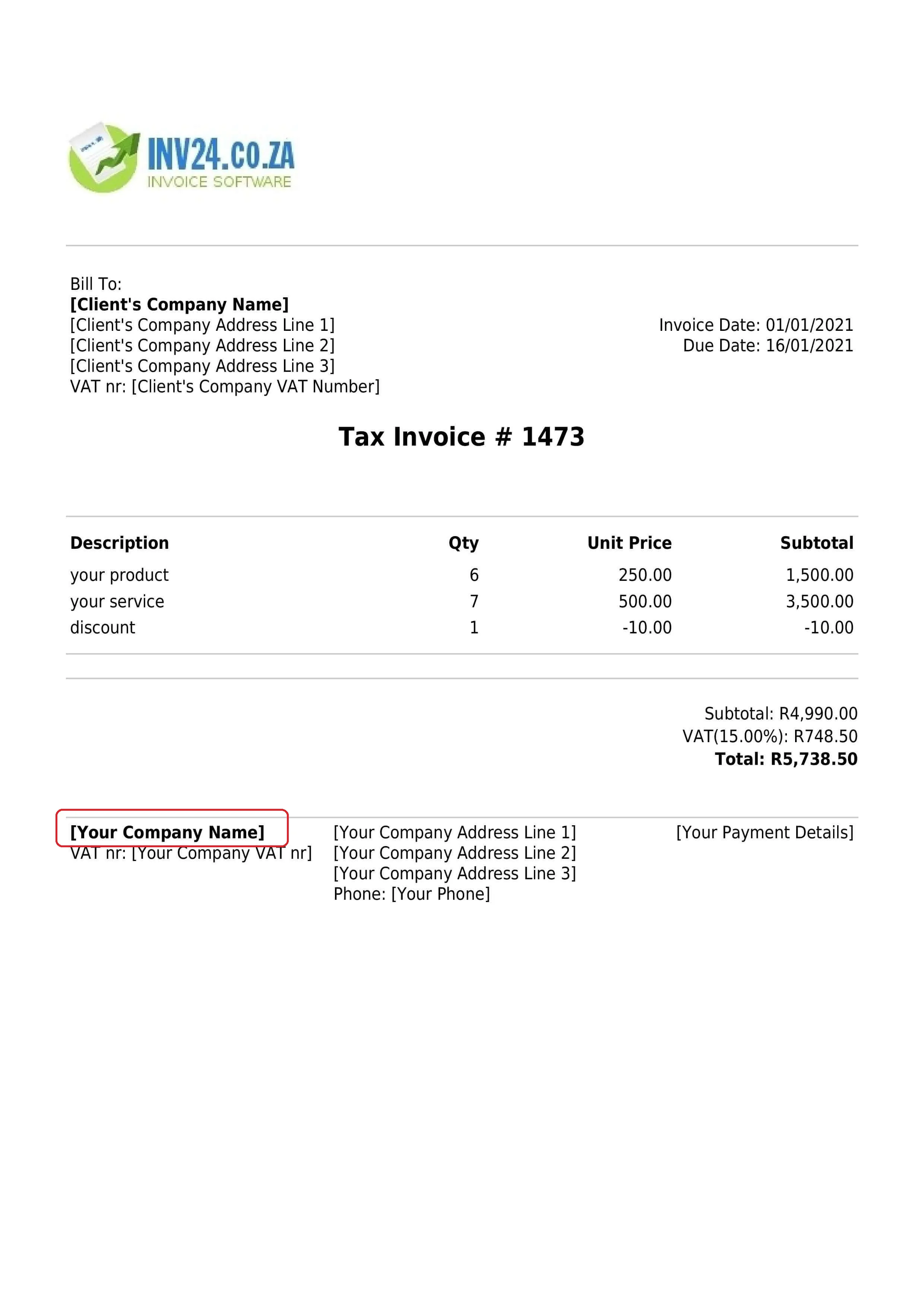 Seller Business Name on the Invoice in South Africa
