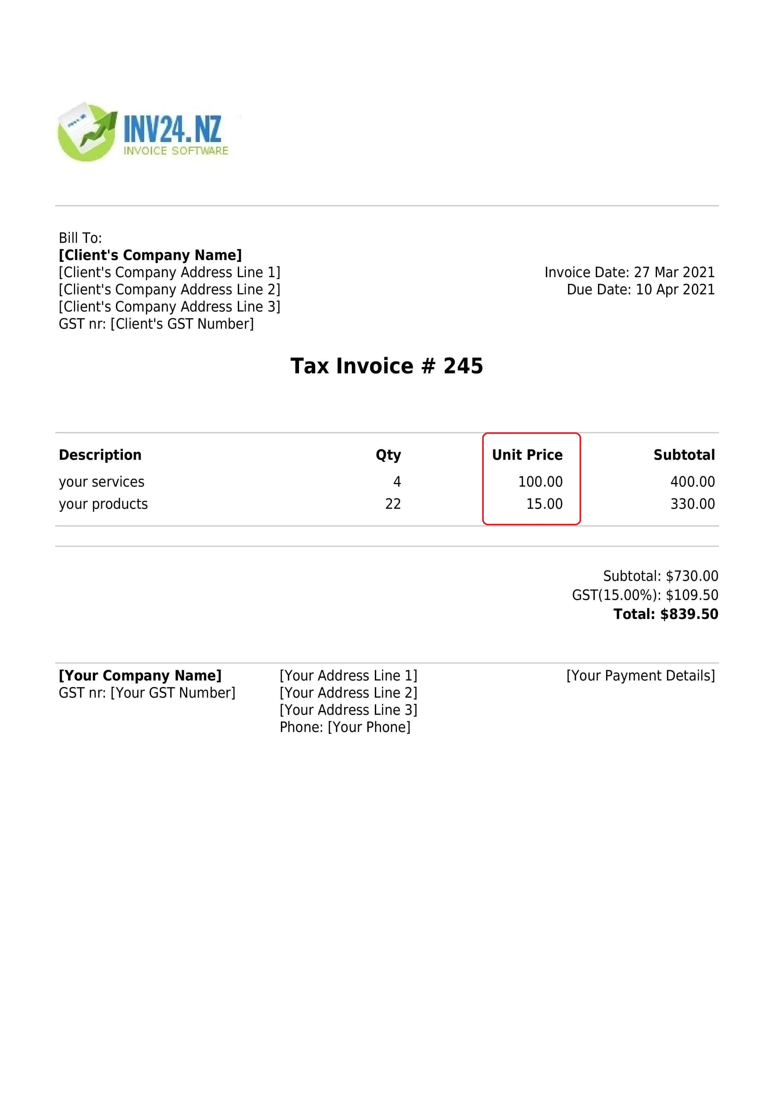 Invoice Unit Price in New Zealand