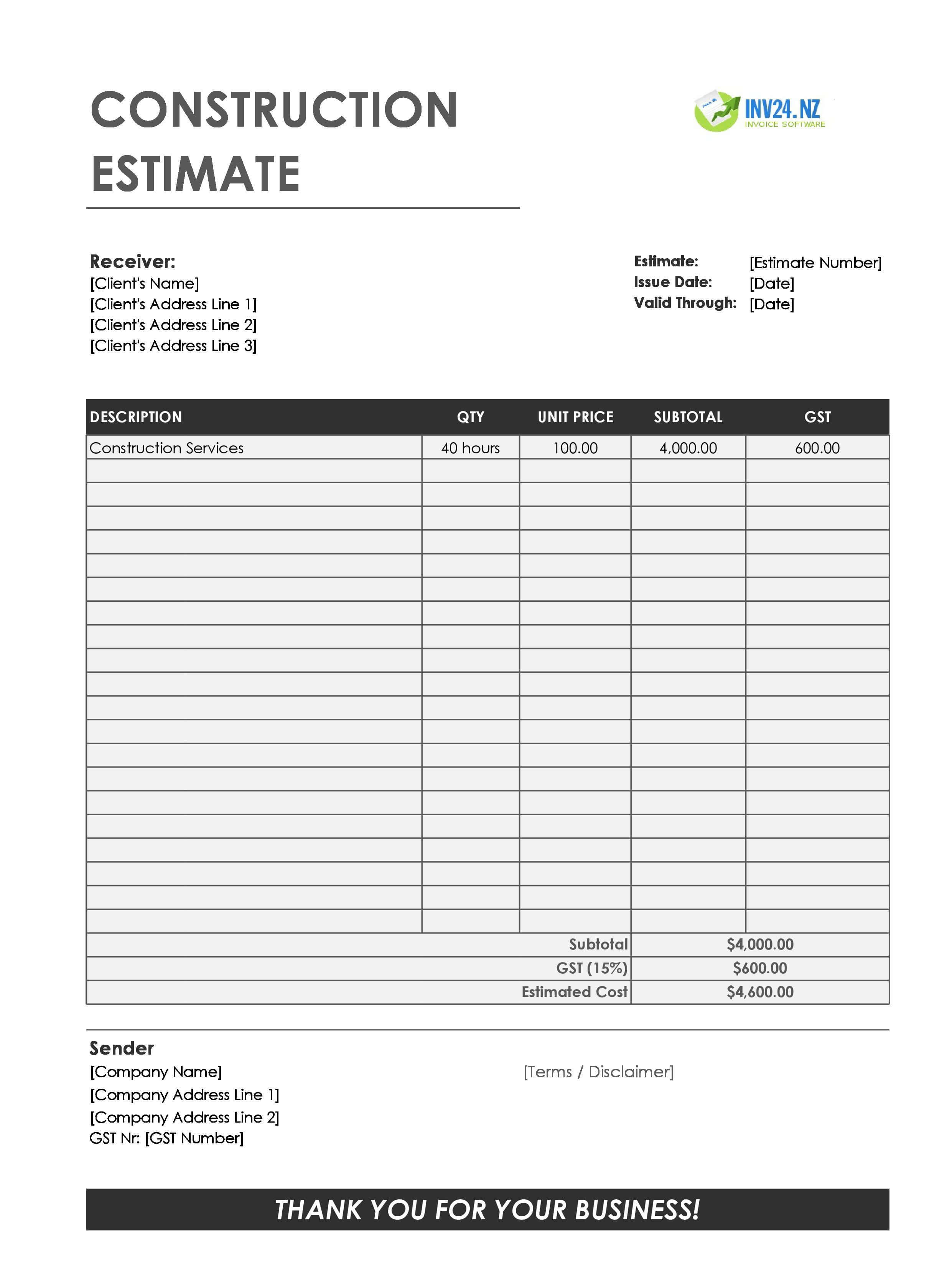 Construction Estimate Template Sheets