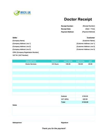Doctor Receipt Template for UK (Excel / Google Sheets)