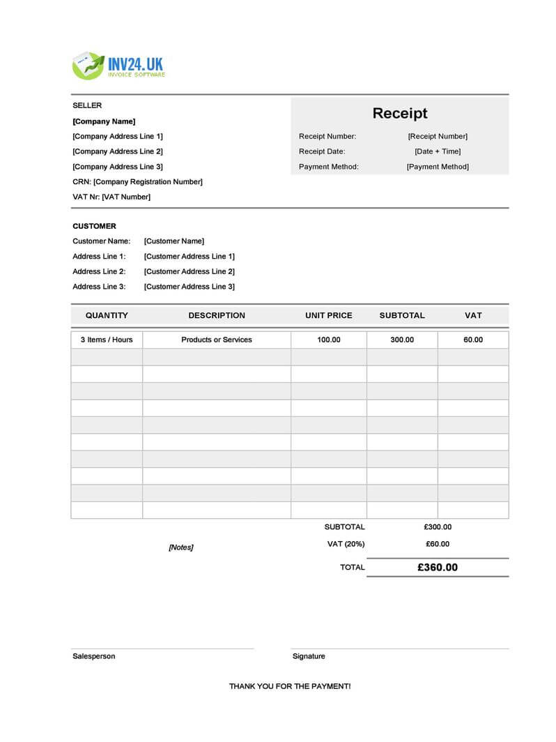 Proof of Payment Receipt Template for UK (Excel / Google Sheets)
