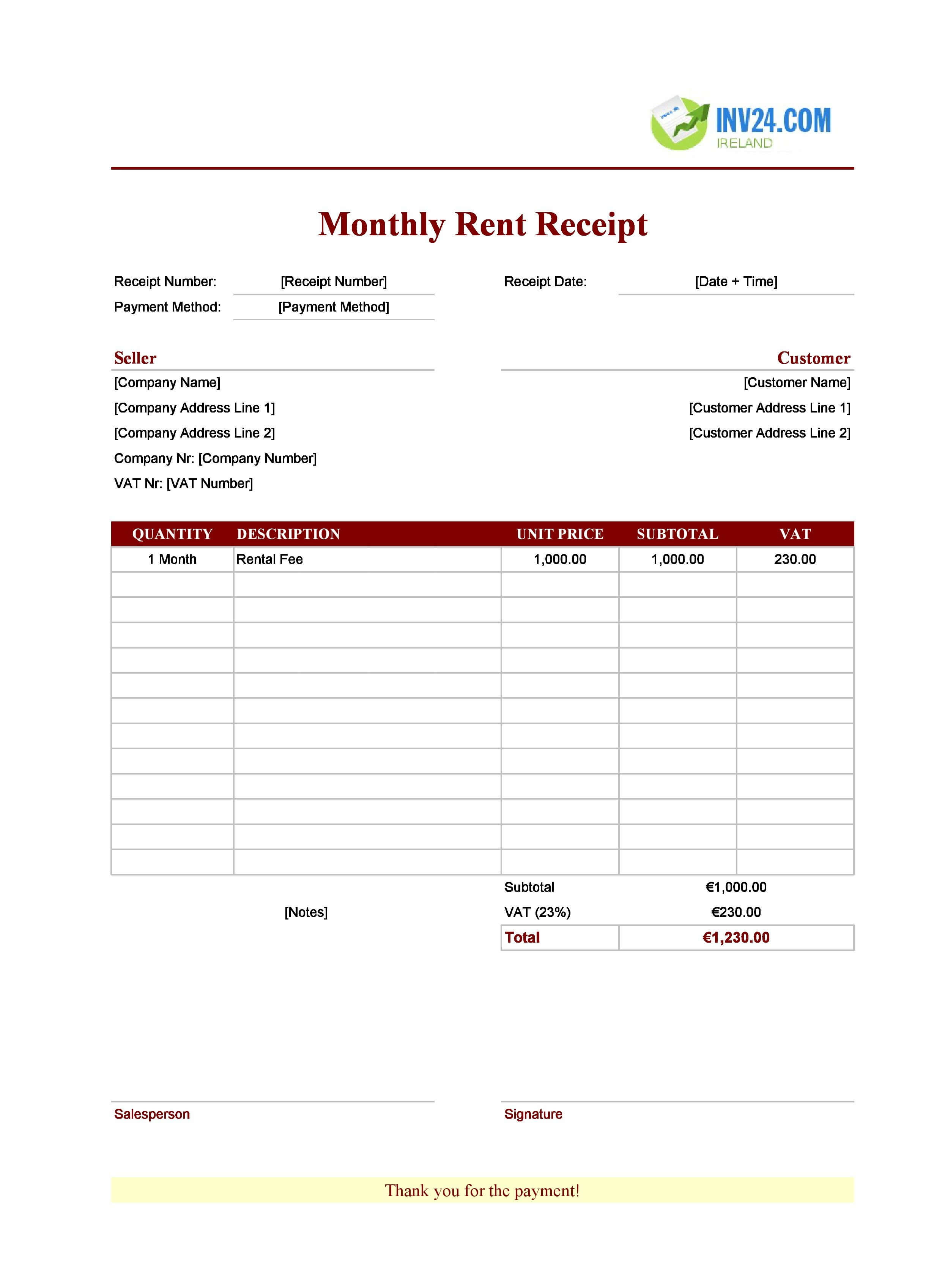 Rental Receipt Printable Receipt Template Excel For Use
