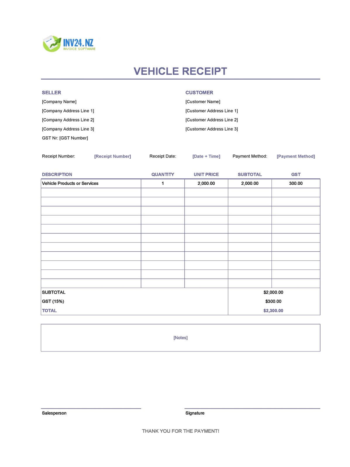 Vehicle Receipt Template for New Zealand (Excel / Google Sheets)