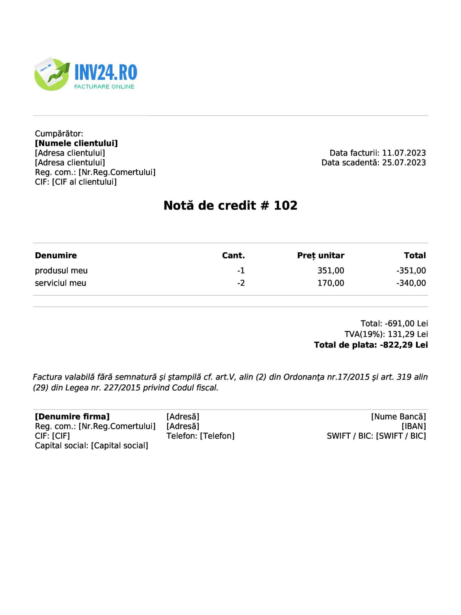 Emitere notă de credit online gratuit (PDF)