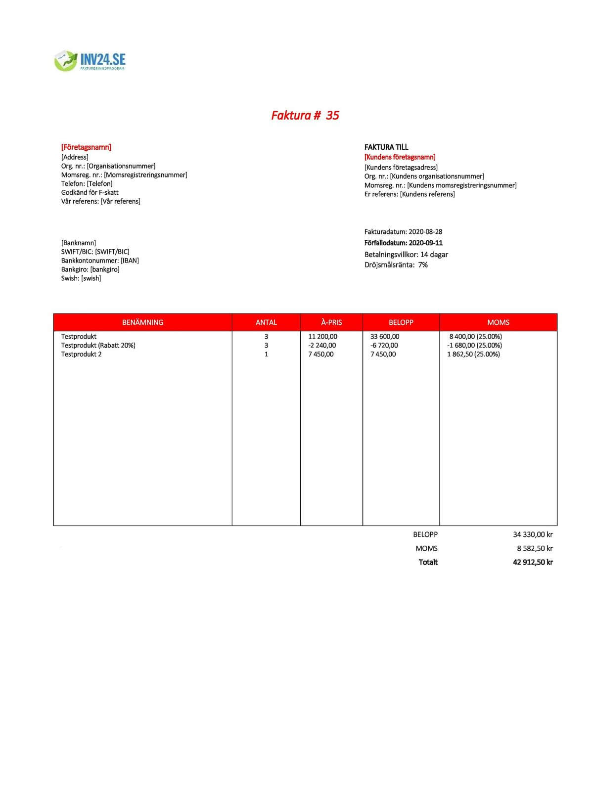 Faktureringsmall (Excel / Google Sheets)