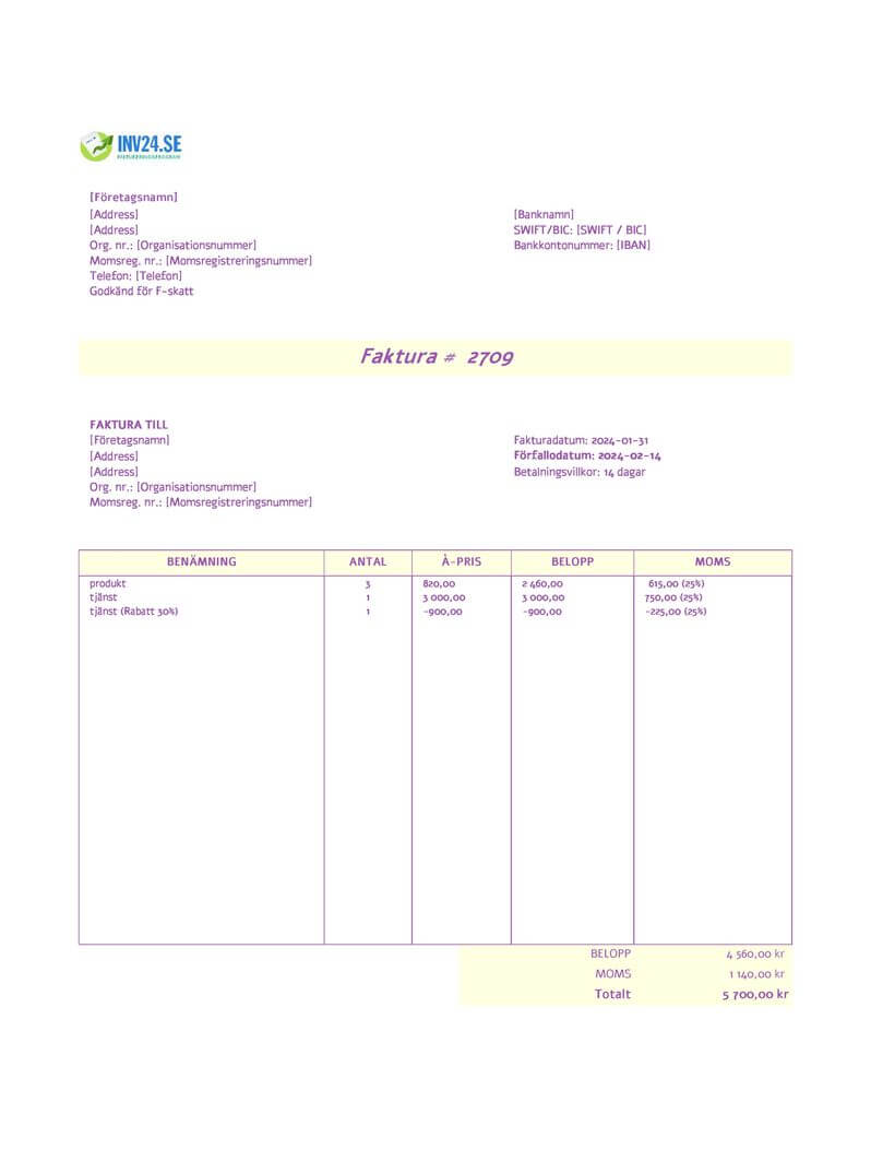 Inköpsfakturamall (Excel / Google Sheets)