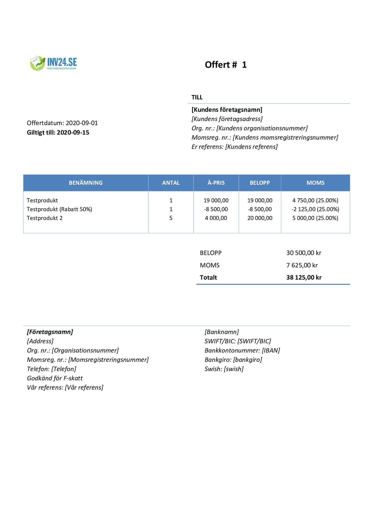 Offertmall (Word / Google Docs)