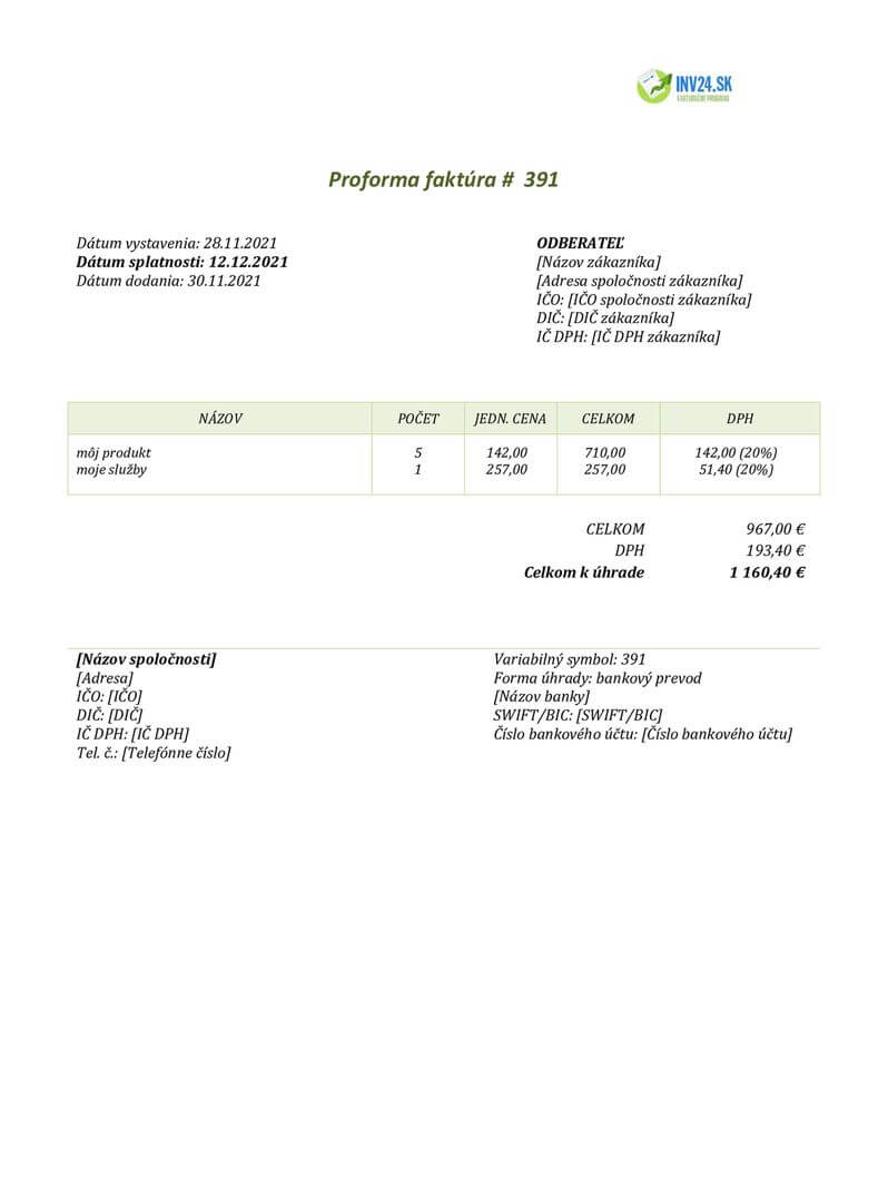 Vystavenie proforma faktúry online zadarmo (PDF)