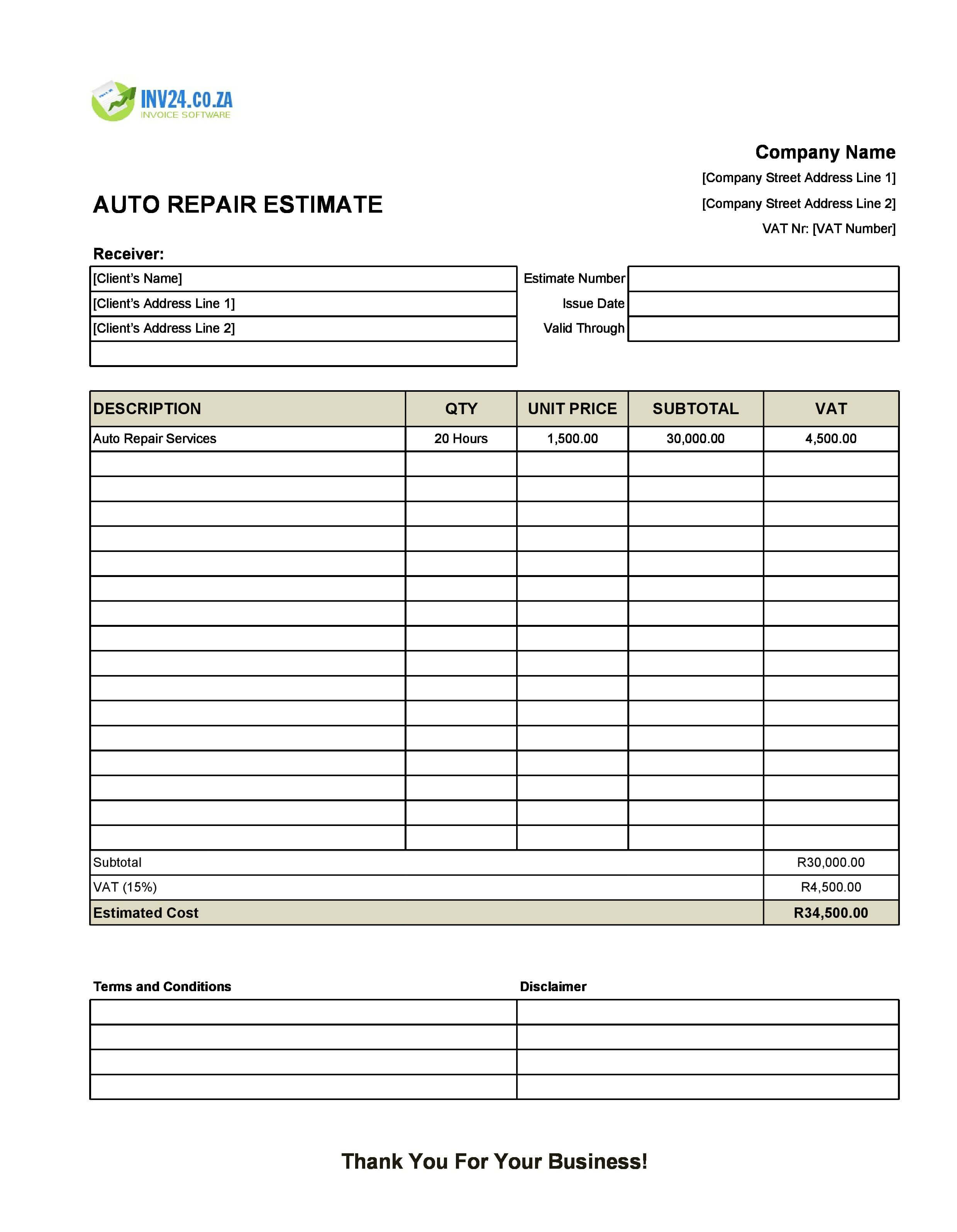 Auto Body Shop Estimate Template
